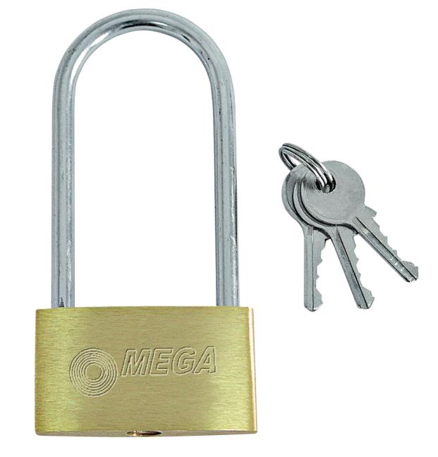 BRASS PADLOCK 50MM. THIN TYPE. LONG CHROME PLATED SHACKLE. 3KEYS ...